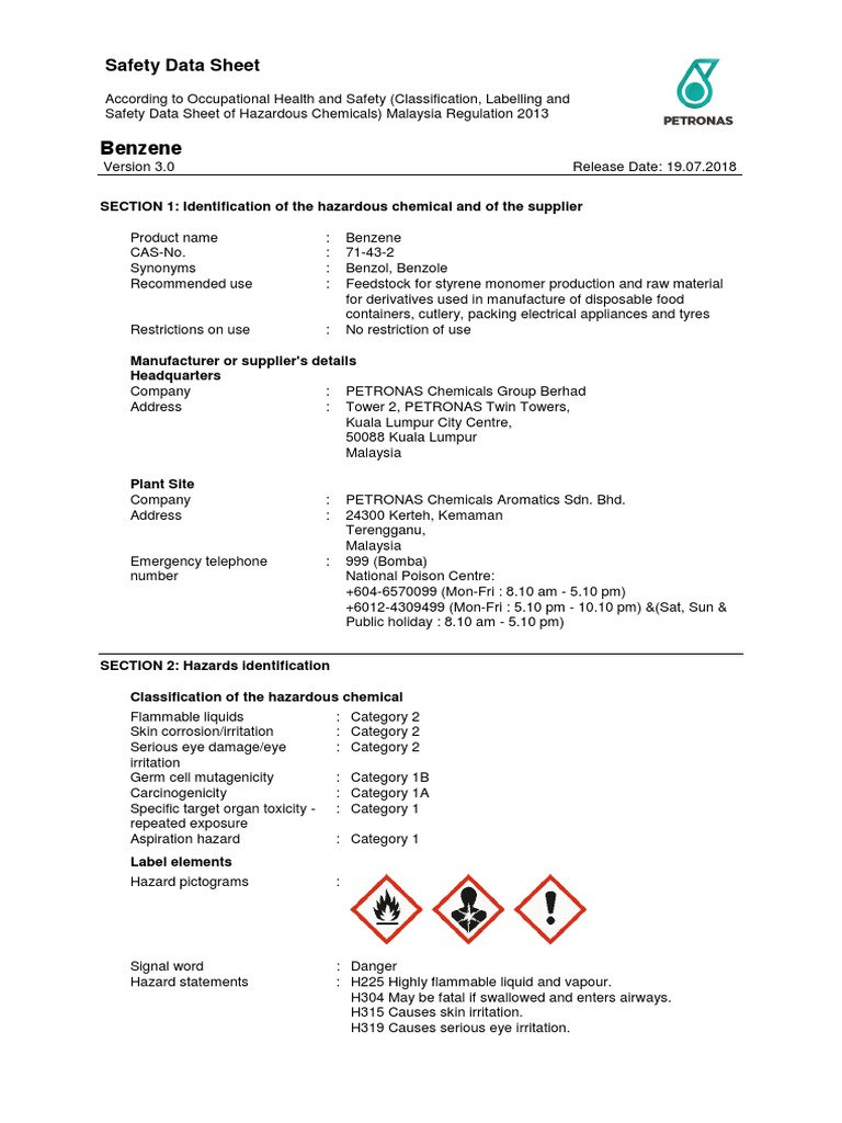 Safety Data Sheet - Benzene (BI) | Download Free PDF | Toxicity ...