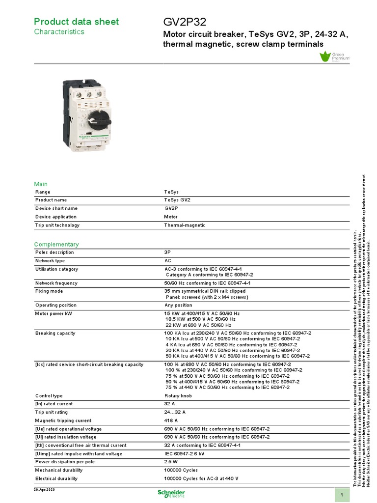 Product Data Sheet: Motor Circuit Breaker, Tesys Gv2, 3P, 24-32 A ...