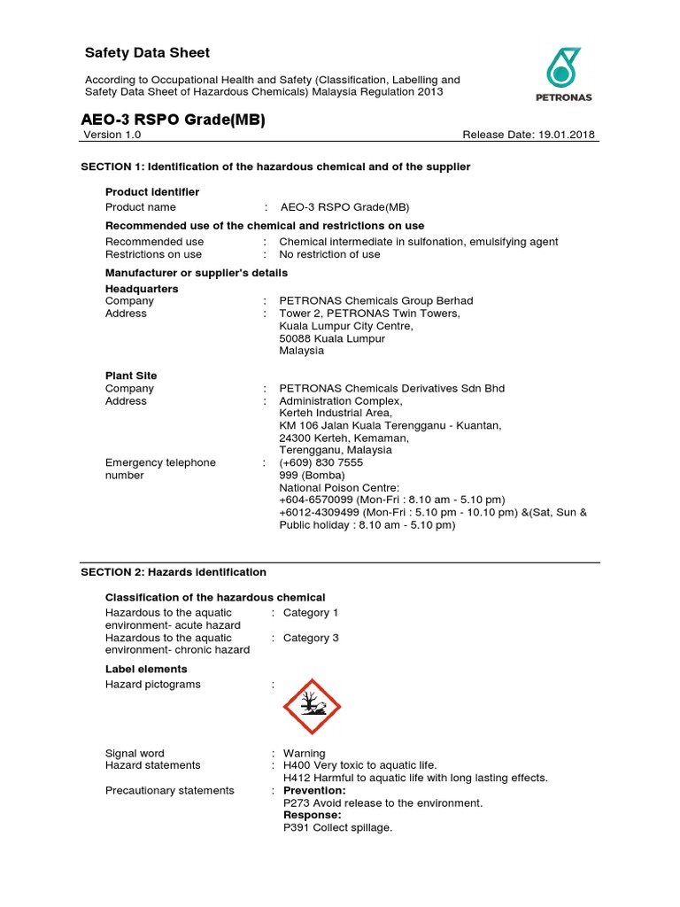 AEO-3 RSPO Grade (MB) : Safety Data Sheet | PDF | Dangerous Goods ...