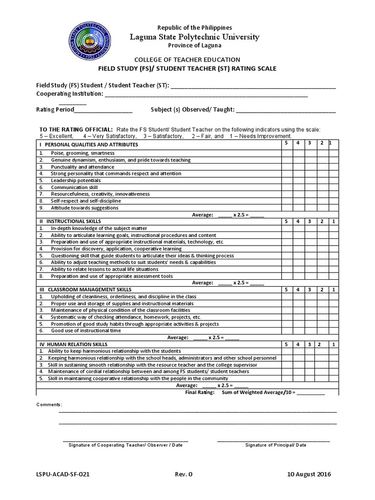FS Student Teacher Rating Scale | PDF | Classroom Management | Teaching ...