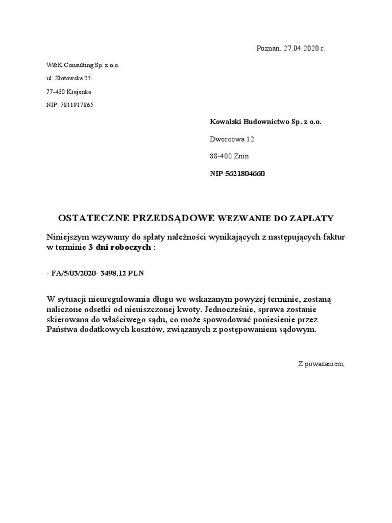 Wezwanie Do zaplaty-WZOR | PDF Wezwanie Do zaplaty-WZOR | PDF