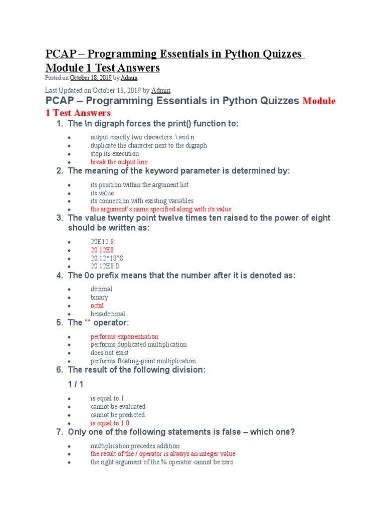 Pcap Programming Essentials In Python Quizzes Test Answers Pdf