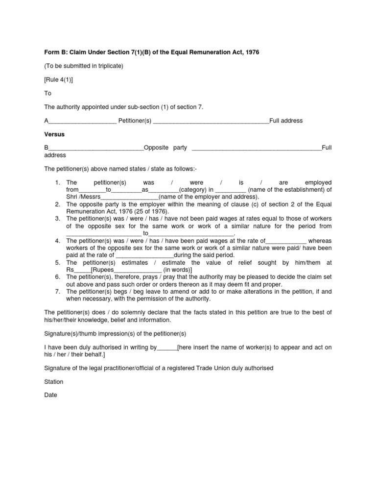 Form B for Equal Remuneration Claims | PDF | Law