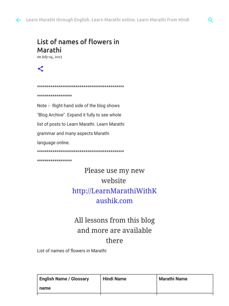 Marathi Flower Names List | PDF | Plants | Garden Plants