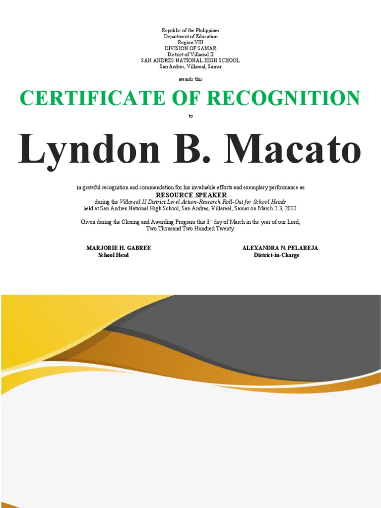 Certificate of Recognition for Resource Speaker | PDF