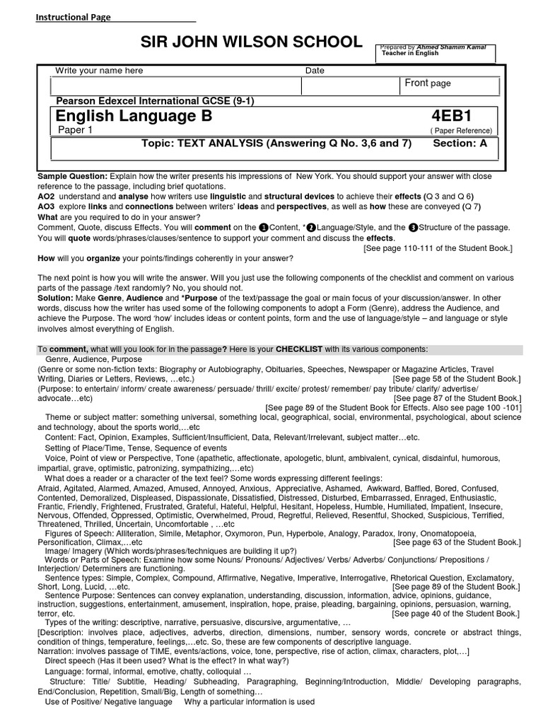 1 Handout On Text Analysis Edexcel | PDF | Writers | Sentence (Linguistics)