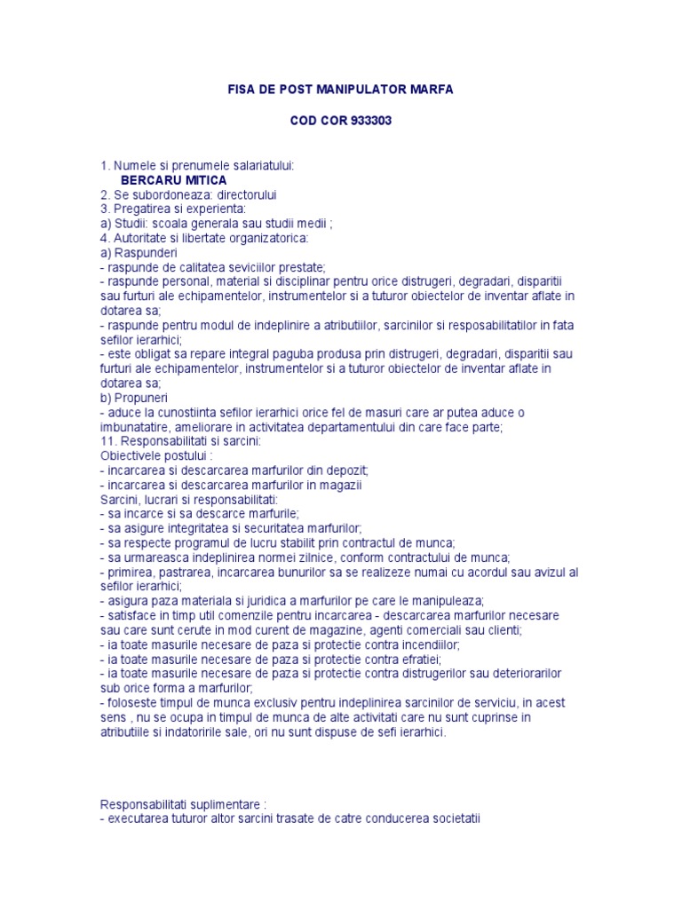 Fisa de Post Manipulator Marfa | PDF