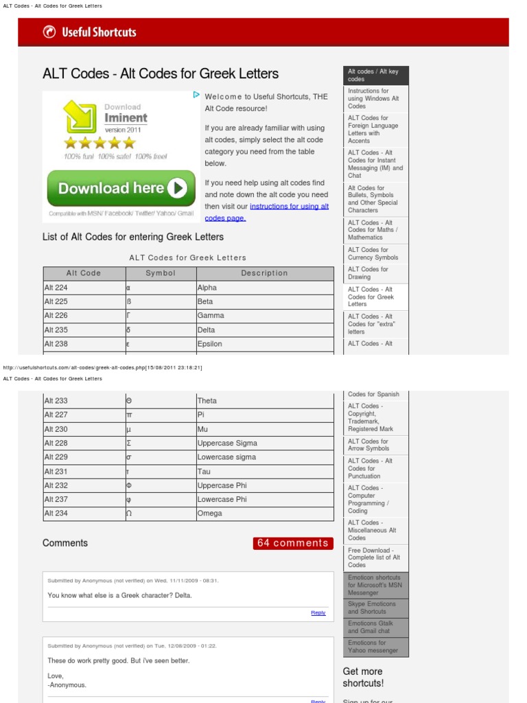 ALT Codes - Alt Codes For Greek Letters PDF | PDF | Greek Alphabet ...
