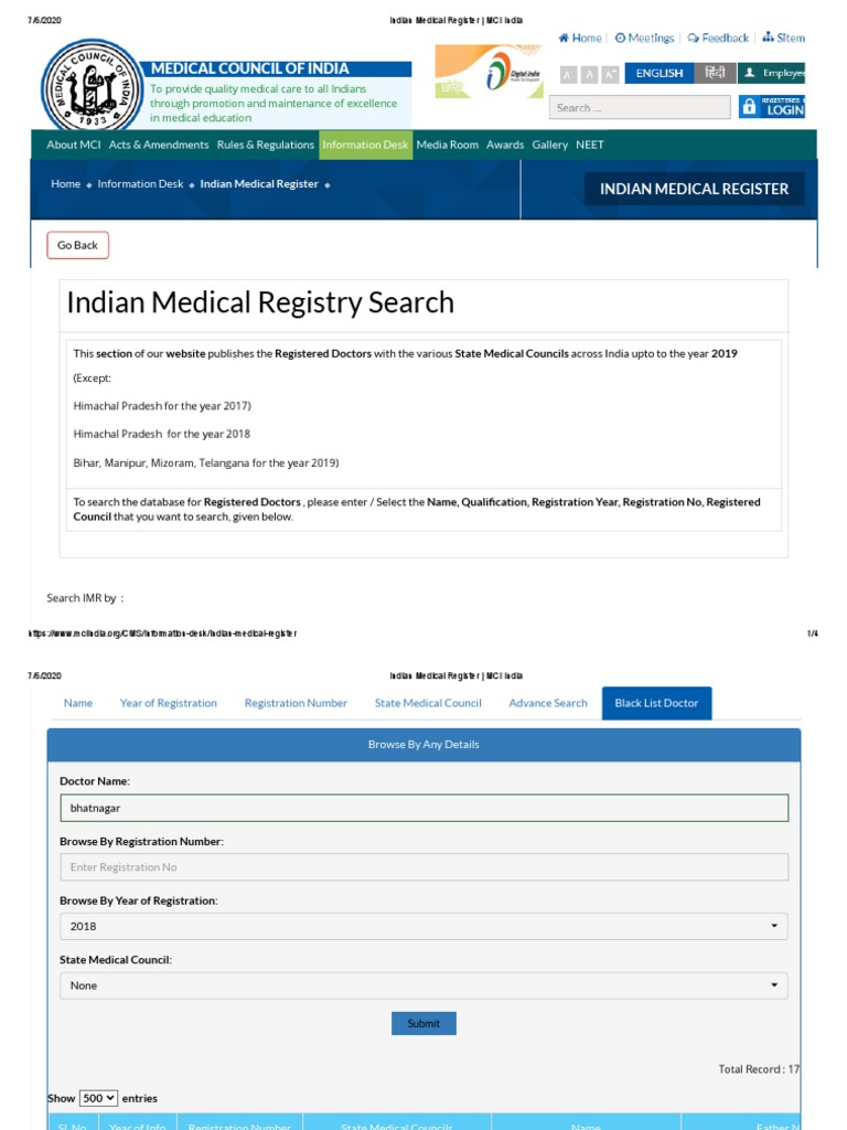 Indian Medical Register - MCI India | PDF | Government Of India ...