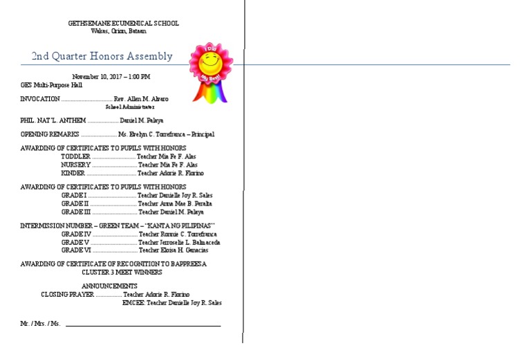 2nd Quarter Honors Assembly Program | PDF | Cooking, Food & Wine