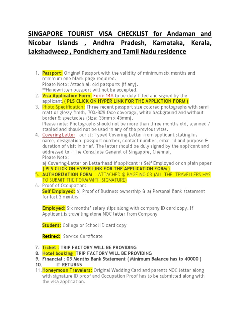 SINGAPORE TOURIST VISA CHECKLIST For SOUTH REGION | PDF | Travel Visa ...