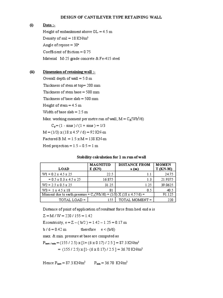 Design of Cantilever Type Retaining Wall (I) Data:-: Load Magnitud E (KN) Distance From A (M ...