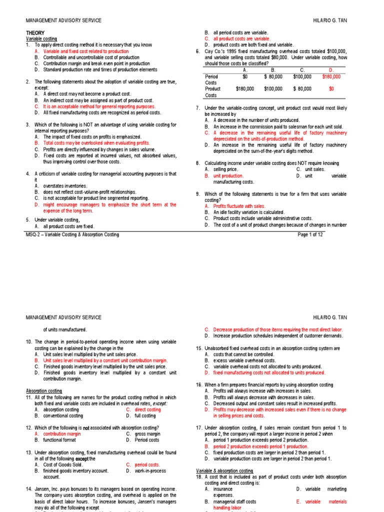 ZMSQ 02 Variable Absorption Costing | PDF | Cost Of Goods Sold | Inventory