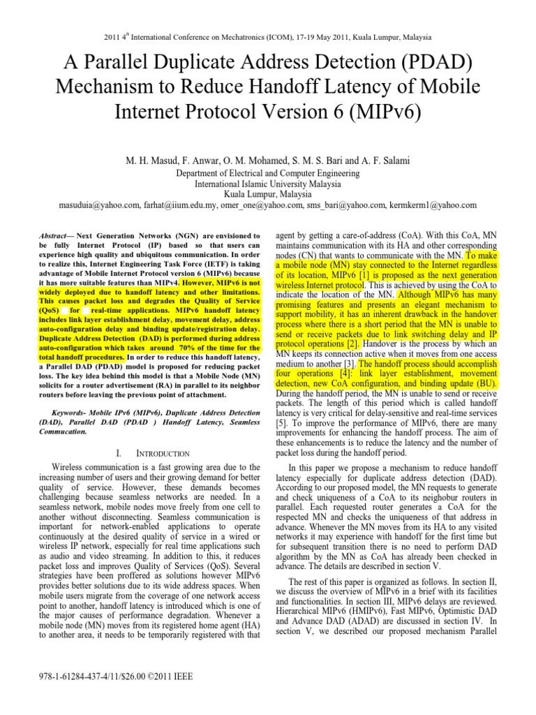 A Parallel Duplicate Address Detection (Pdad) Mechanism To Reduce Handoff Latency of Mobile ...