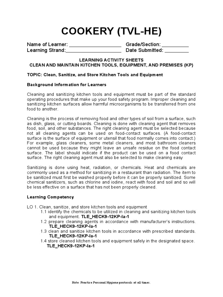 Cookery (Tvl-He) : Name of Learner: Grade/Section: Learning Strand ...