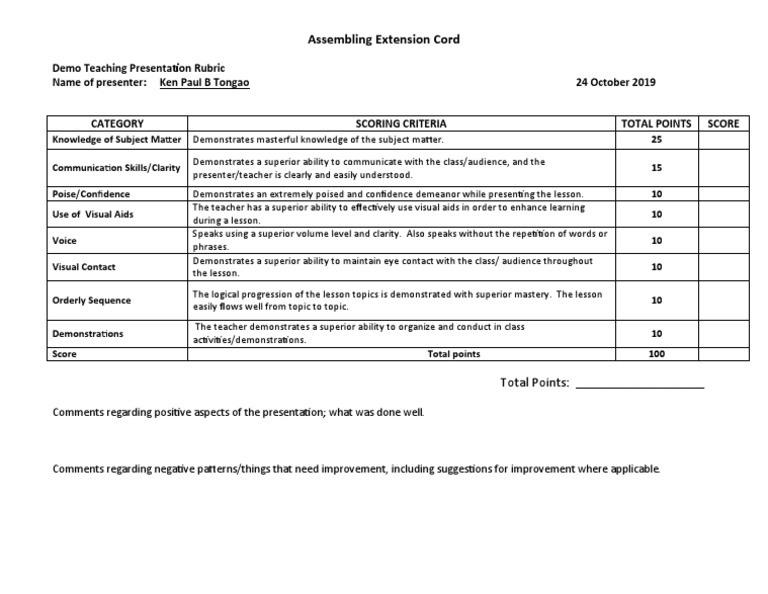 Demo Teaching Presentation Rubric | PDF | Behavior Modification | Teaching