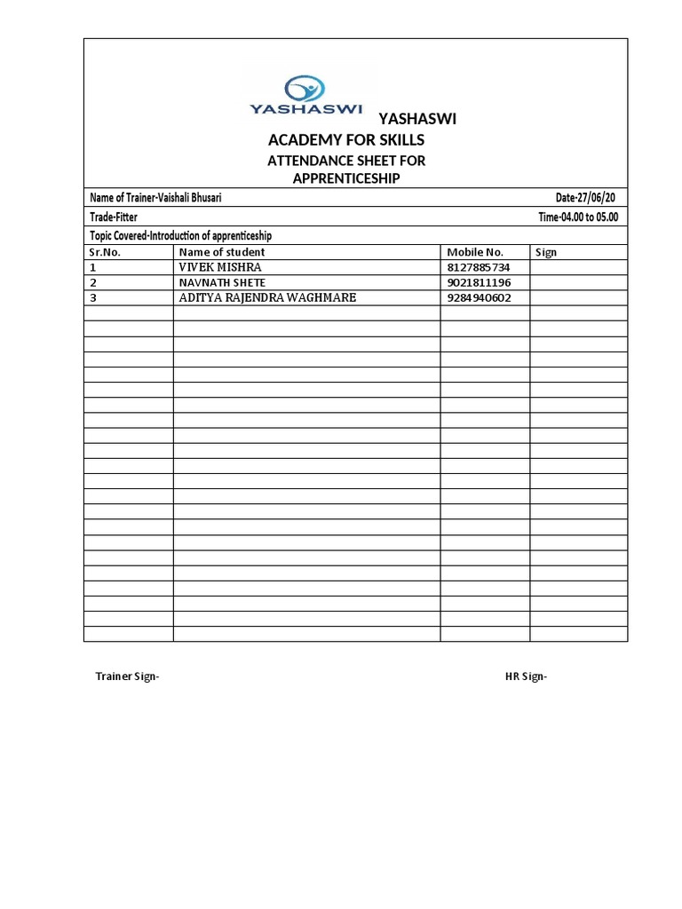 Apprentice Attendance Sheet | PDF