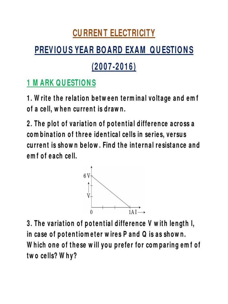Previous Year Board Exam Questions (2007-2016) : Current Electricity ...
