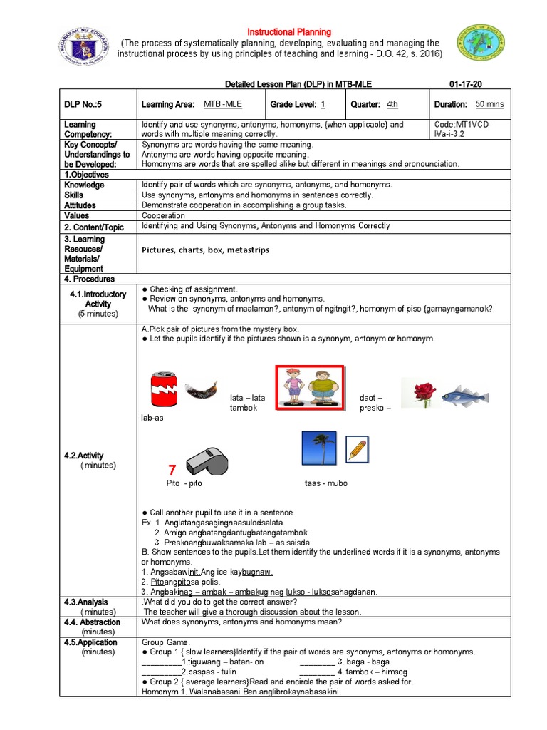 DLP Synonyms, Antonyms, Homonyms | PDF | Lesson Plan | Semiotics