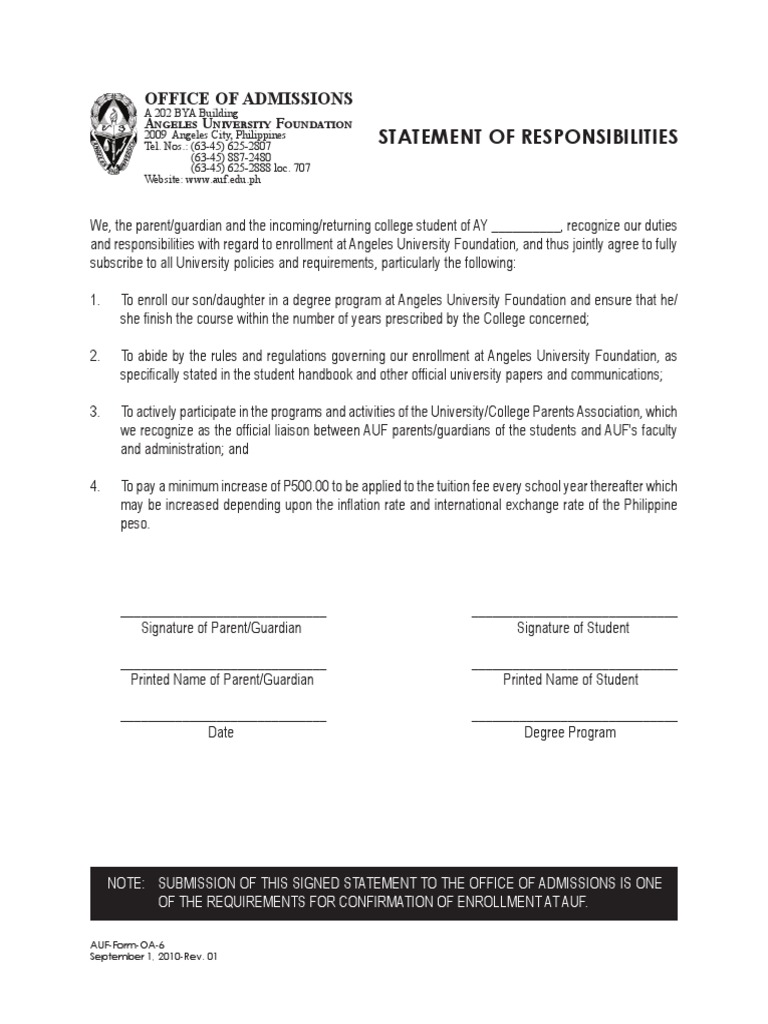 AUF CAT Form Statement of Responsibilities | PDF | Career & Growth ...