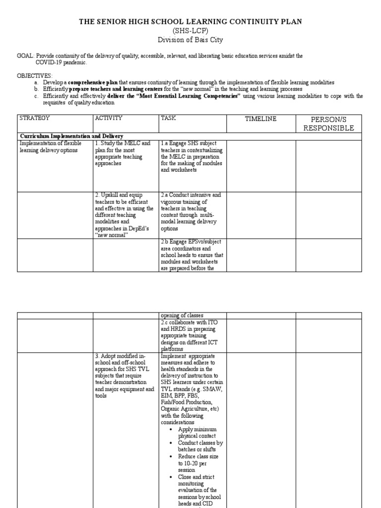 The Senior High School Learning Continuity Plan | PDF | Educational ...