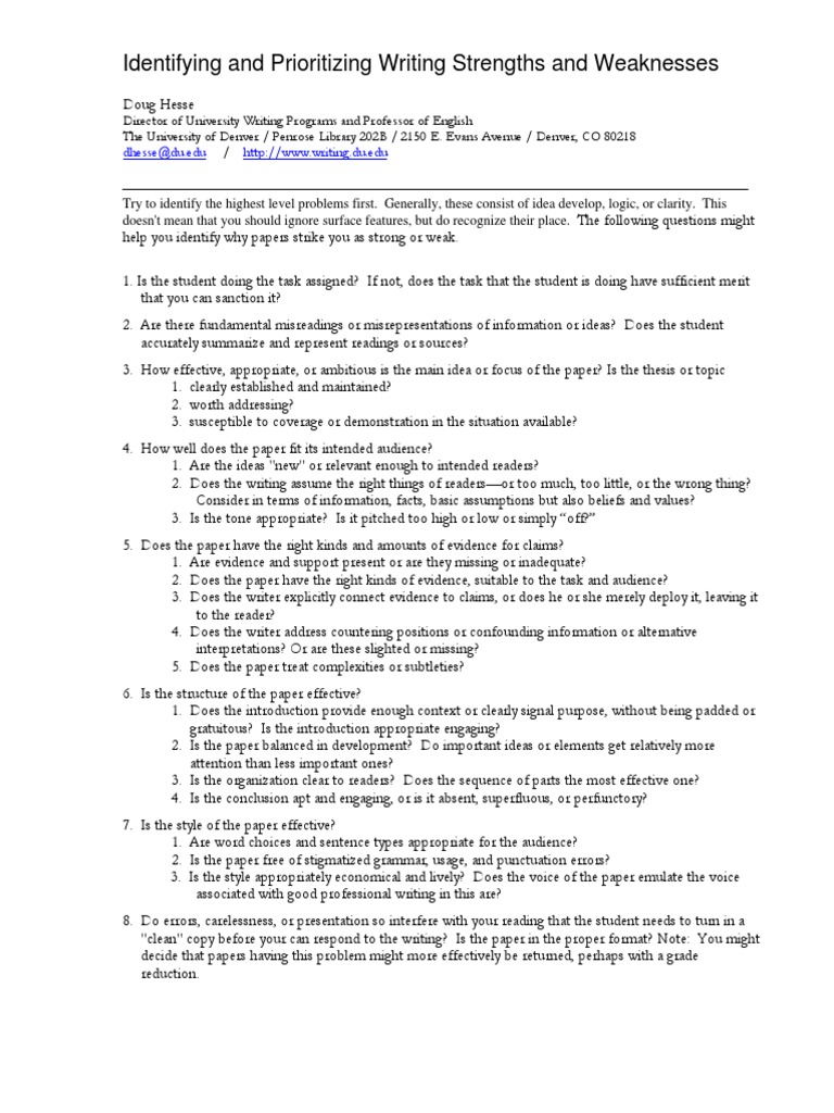 Prioritizing Writing Strengths and Weaknesses: A Sample Response Rubric ...