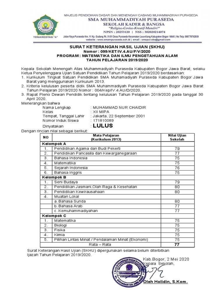 SKHU SMA Muhammadiyah 2019/2020 | PDF