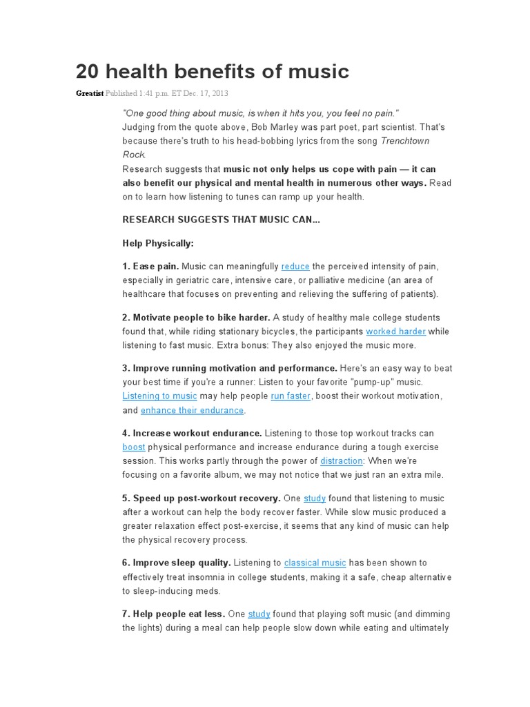 20 Health Benefits of Music | PDF | Relaxation (Psychology) | Mood ...