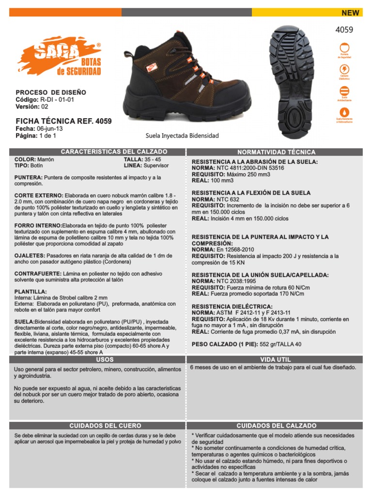 Ficha Técnica Bota Saga 4059 | PDF | Calzado | Química