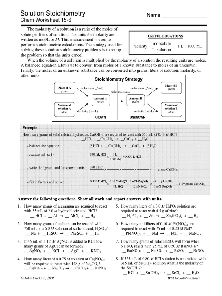 Solution Stoichiometry Worksheet | PDF | Mole (Unit) | Stoichiometry