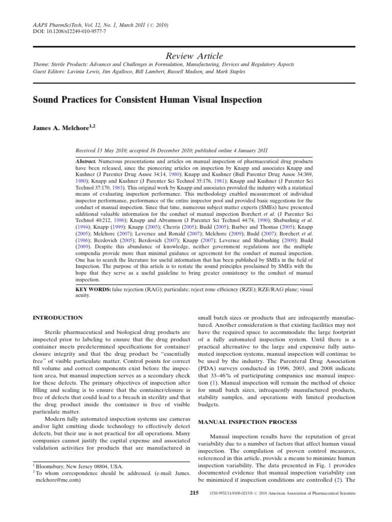 AAPS PharmSciTech Review of Manual Inspection Practices | PDF | Visual Acuity | Lighting