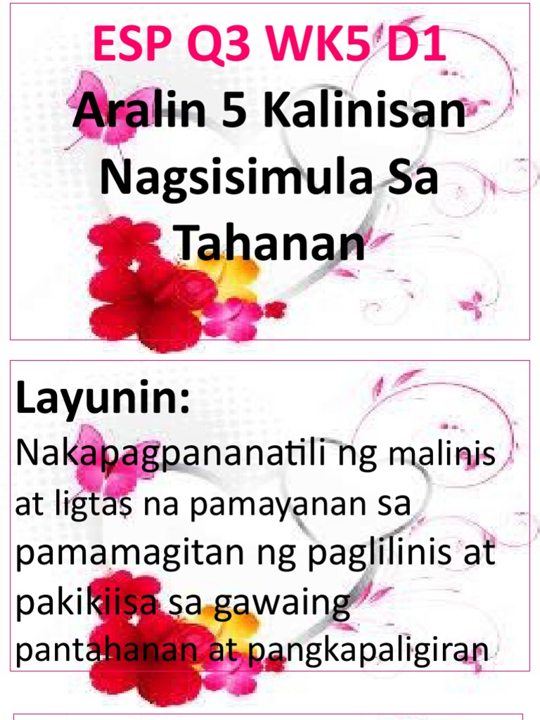 Esp Q3 Wk5 D1: Aralin 5 Kalinisan Nagsisimula Sa Tahanan | PDF