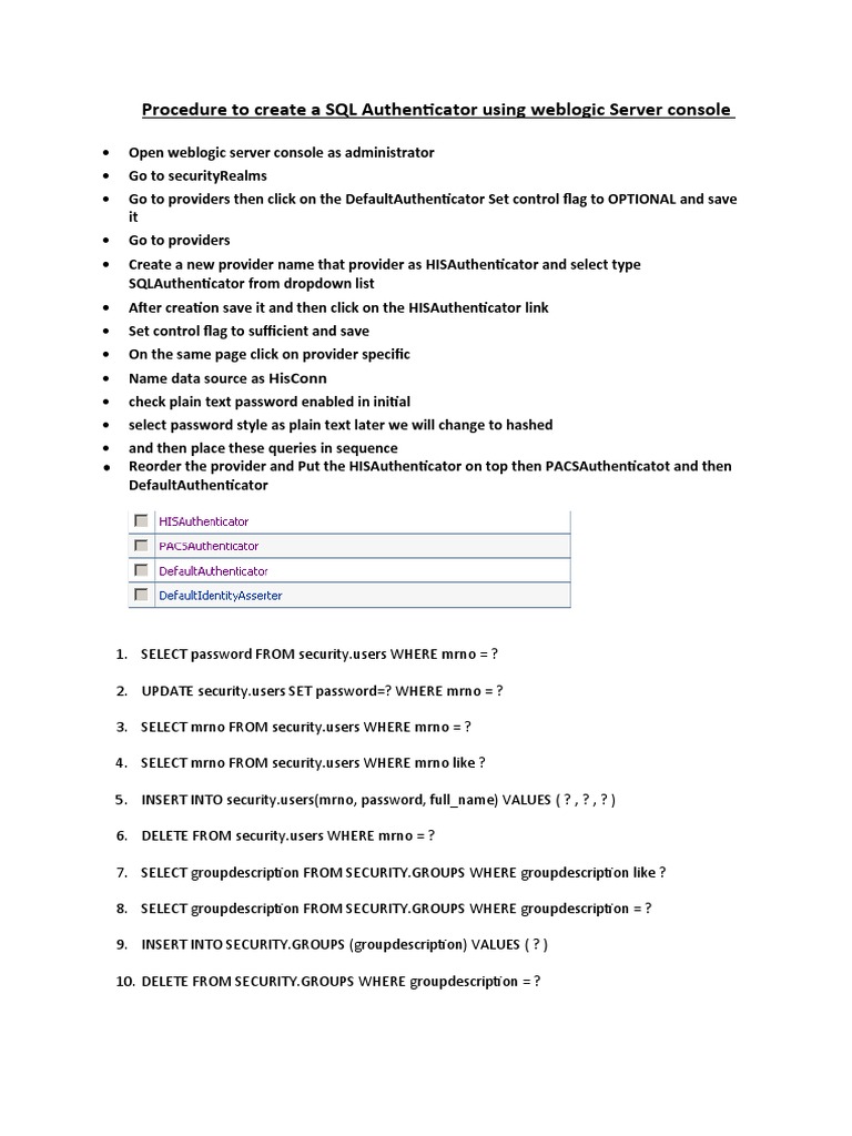 Procedure To Create A Sql Authenticator Using Weblogic Server Console