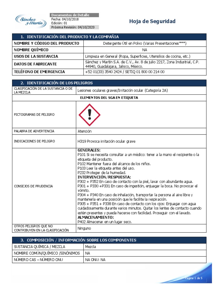 Ficha de Seguridad Detergente en Polvo UTIL | PDF | Agua | Residuos