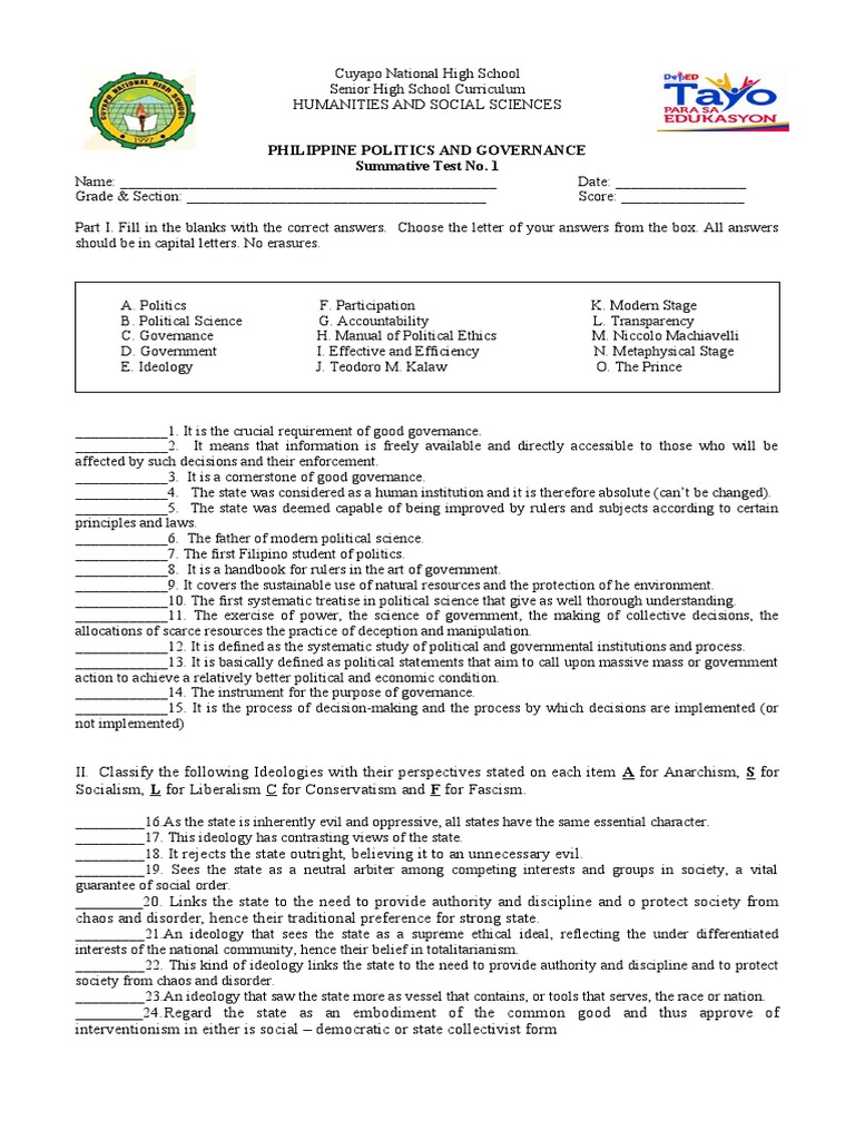 PPG Summative Test No. 1 | PDF | Ideologies | State (Polity)
