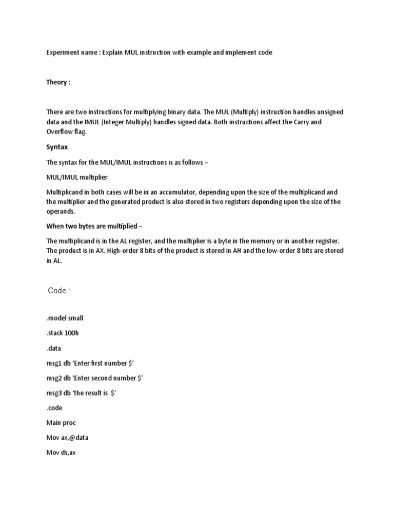 Multiplication in Assembly Language | PDF | Computers