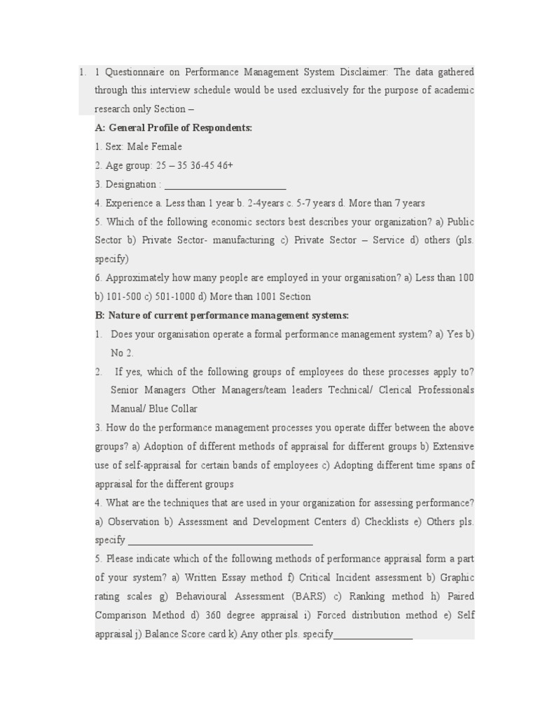 1 Questionnaire On Performance Management System Disclaimer | PDF ...