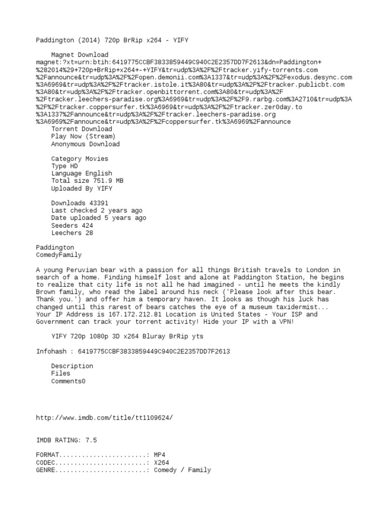 Paddington (2014) 720p BrRip x264 - YIFY - Magnet | PDF | Digital Technology | Media Technology