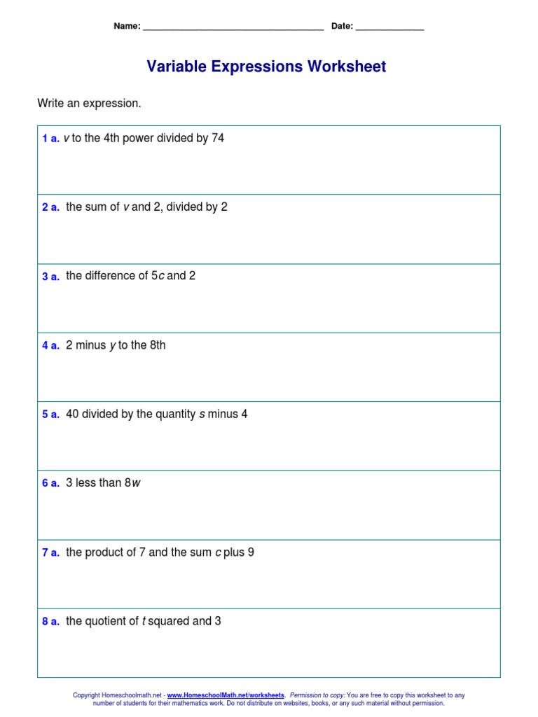 Variable Expressions Worksheet: Write An Expression | PDF