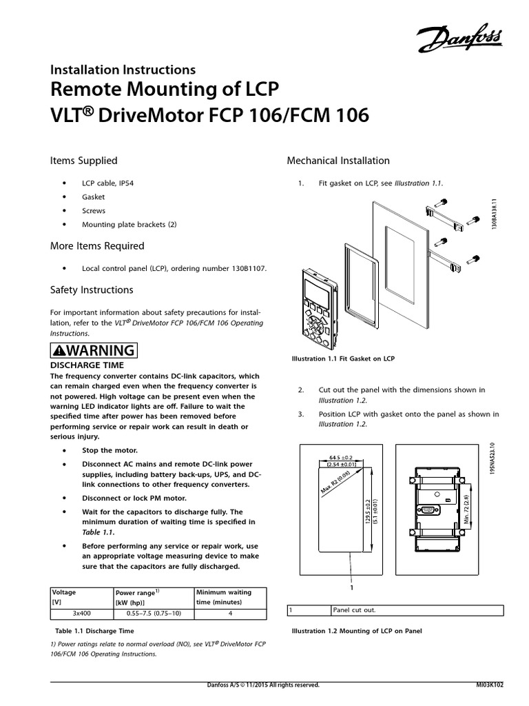 Remote Mounting of LCP VLT Drivemotor FCP 106/Fcm 106: Warning | PDF ...