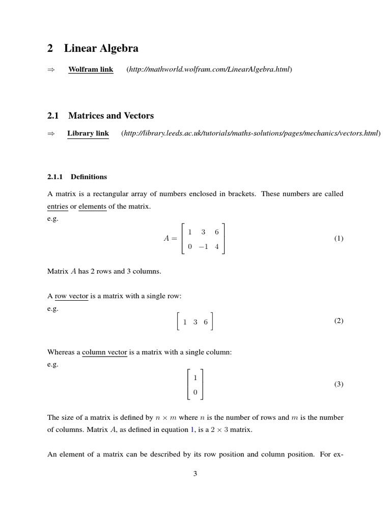 Introduction to Linear Algebra: Definitions of Matrices, Row Vectors ...