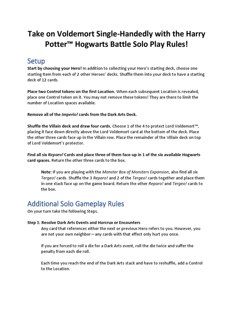 Harry Potter Hogwarts Battle Solo Play Rules PDF | PDF | Games Of ...