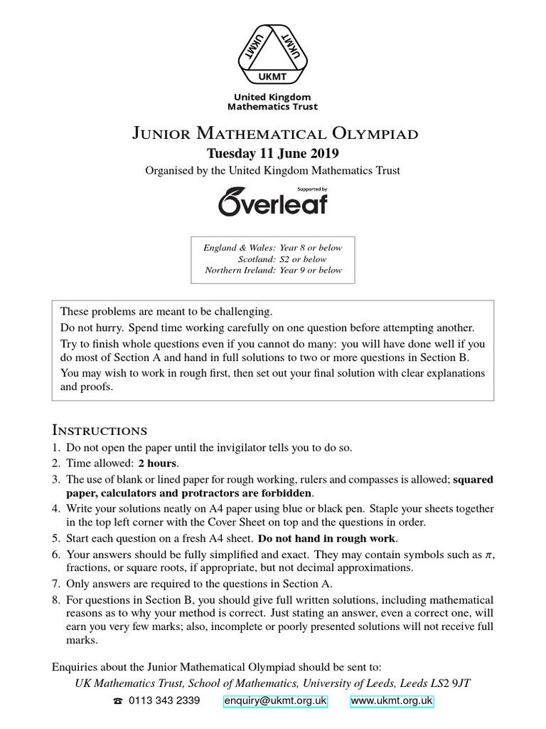 Junior Mathematical Olympiad: Instructions | PDF | Area | Numbers