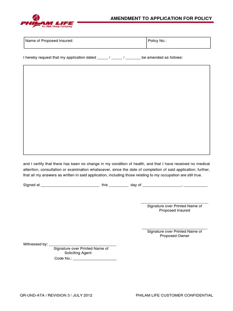 Amendment to Application for Insurance Policy | PDF