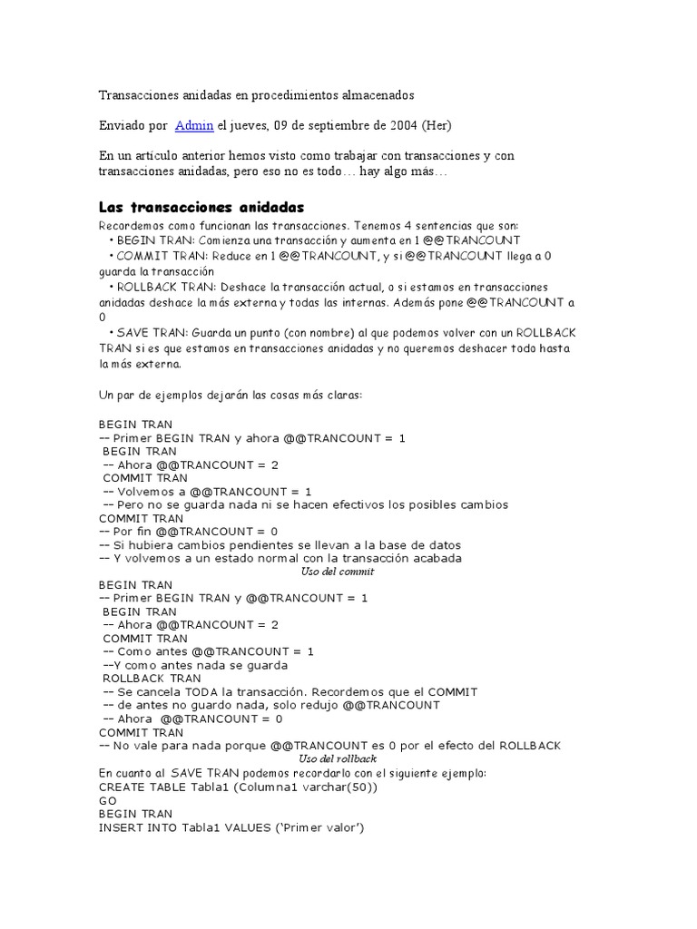 Transacciones en Procedimientos SQL | PDF | Datos | Recuperación de ...