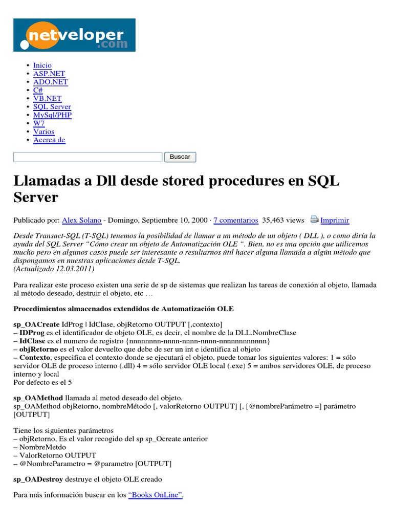 SQL Llamadas A DLL Desde Stor | PDF | Servidor SQL de Microsoft | Software de gestión de datos