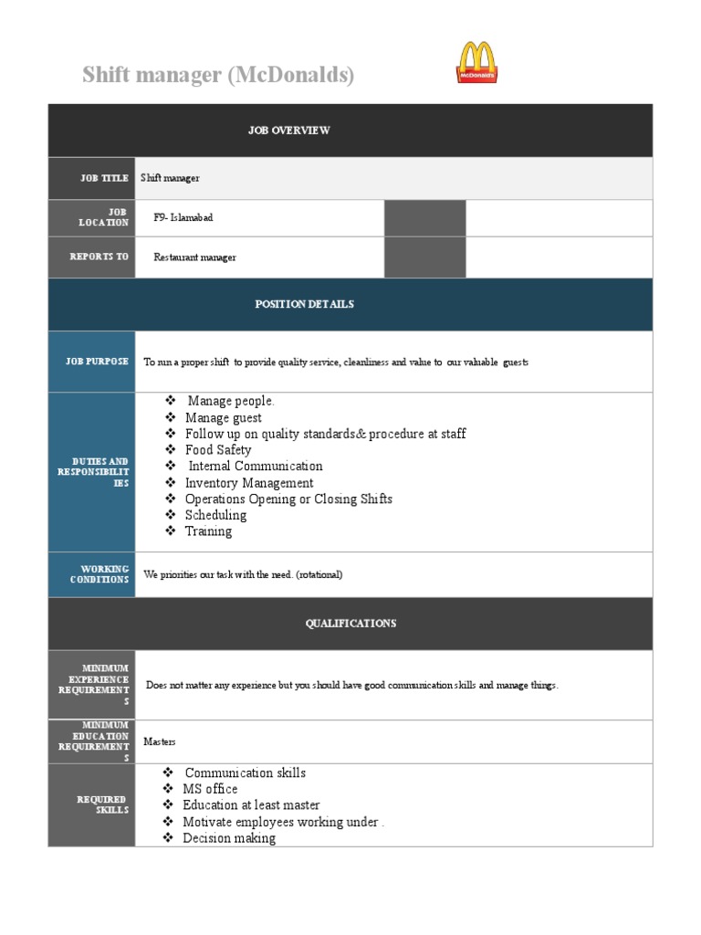 Shift Manager (Mcdonalds) : Job Overview | PDF