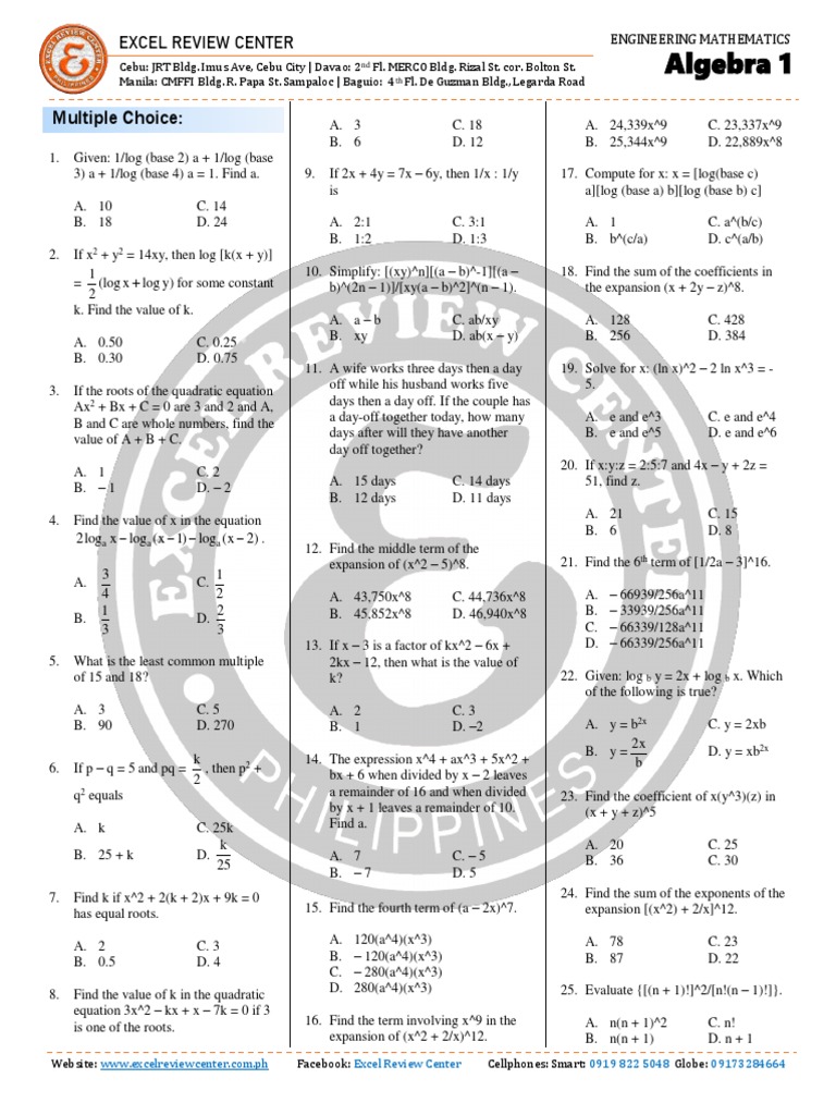 Algebra 1: Multiple Choice | PDF | Quadratic Equation | Equations
