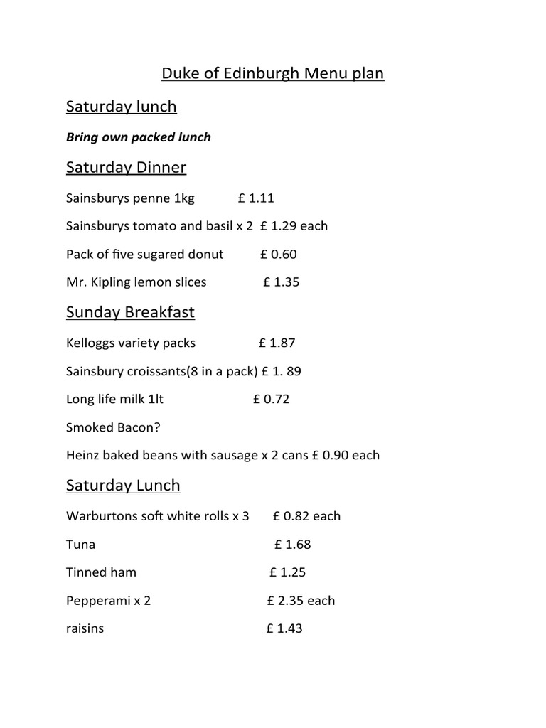Duke of Edinburgh Menu Plan | PDF
