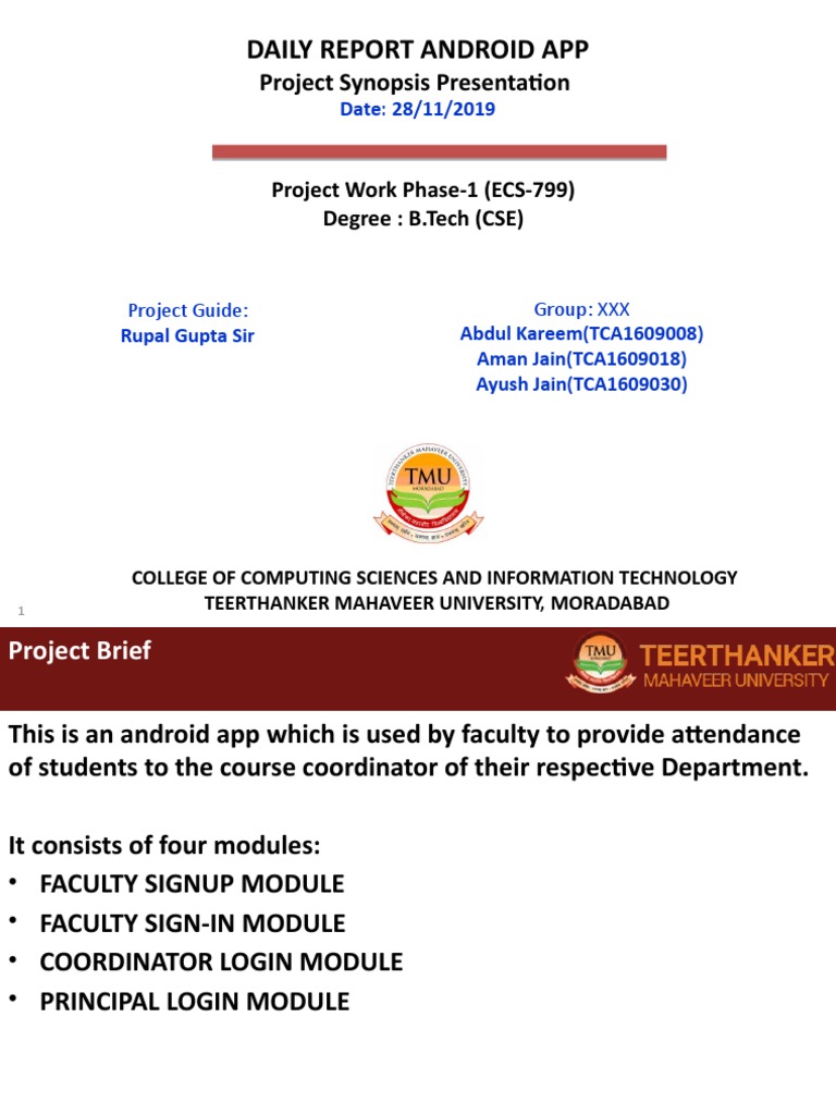Daily Report Android App: Project Synopsis Presentation | PDF | Mobile App | Application Software
